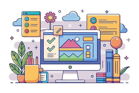 A Modern Workspace Is Illustrated With A Computer Displaying Customizable Design Elements And