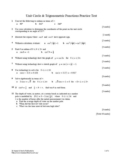 Unit Circle Trig Functions Practice Test Pdf