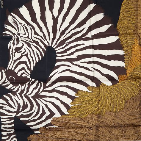 Hermes Silk Twill Zebra Pegasus Scarf 90 Noir Bronze Marron 82706