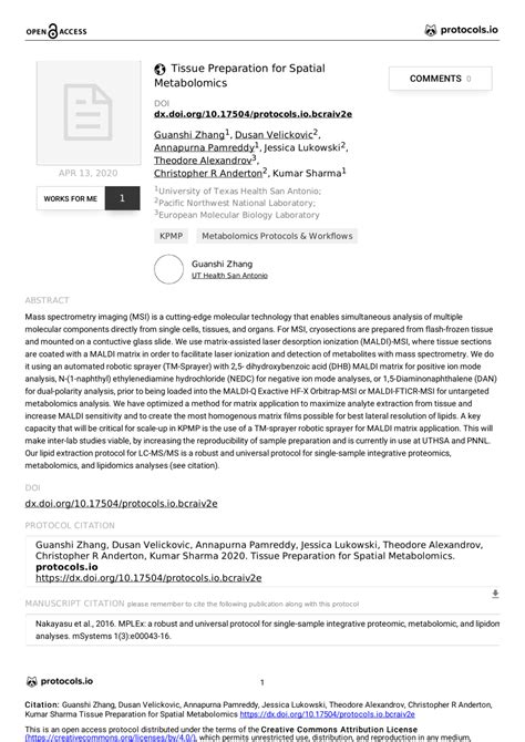 Pdf Tissue Preparation For Spatial Metabolomics V1