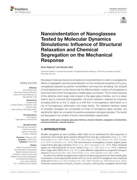 Pdf Nanoindentation Of Nanoglasses Tested By Molecular Dynamics Simulations Influence Of