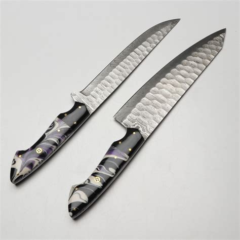 Damascus Steel And Marbled Handled Chefs Knife Set In Suede Leather