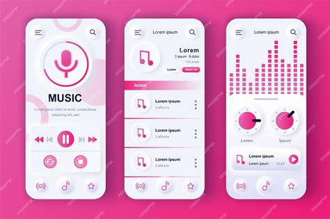 음악 플레이어 개념 뉴모픽 템플릿 세트 음악 노래 재생 목록 ui ux gui 화면 재생 프리미엄 벡터