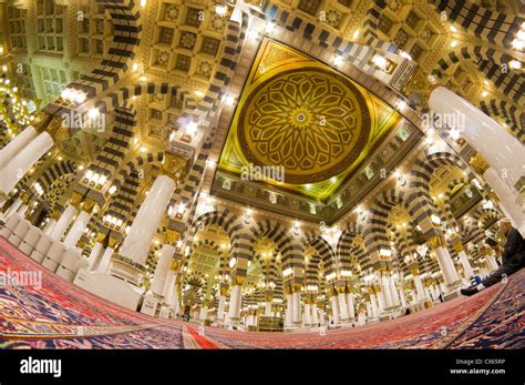 Interior Of Masjid Mosque Nabawi In Al Madinah Saudi Arabia Stock