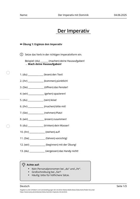 Arbeitsblatt Der Imperativ Mit Dominik Deutsch Weiterbildung