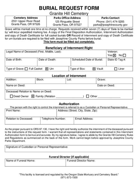 Fillable Online Burial Request Form Granite Hill Cemetery Fax Email