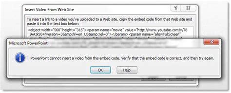 getting error message when embedding youtube code into powerpoint