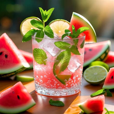 Refreshing Watermelon Drink With Mint And Lime Garnish Stock Image