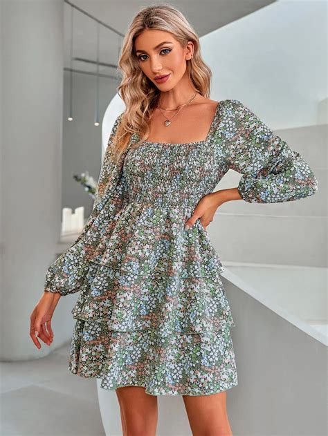 Elegant Floral Print Square Neck Full Lantern Sleeve Folds Mini Dress