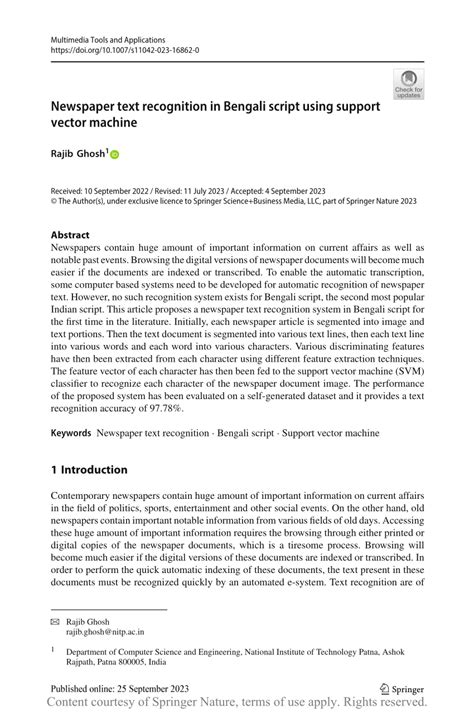 Newspaper Text Recognition In Bengali Script Using Support Vector Machine Request Pdf