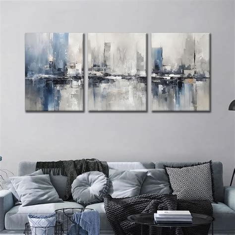 Latitude Run® 3pcs Framed Blue Gray Abstract Canvas Wall Art Large