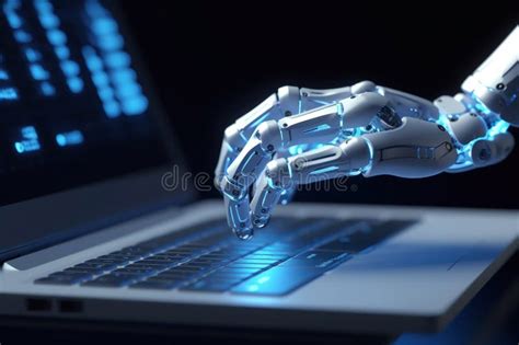 robot hand finger typing or pressing enter on computer keyboard cyborg