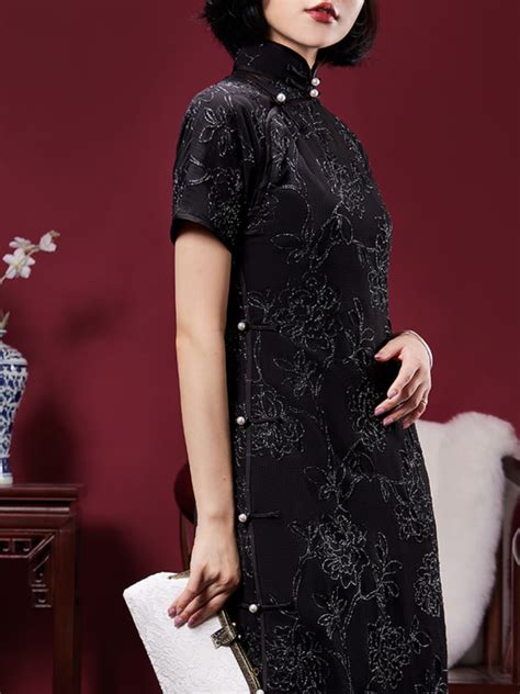 Black Long Cheongsam Classic Chinese Evening Dress Weqipao