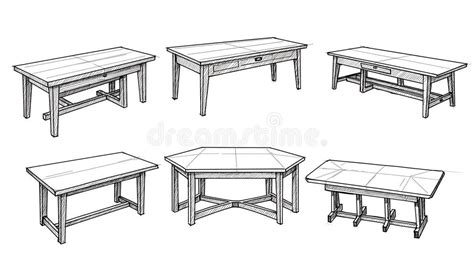 Collection Of Hand Drawn Table Designs In A Graphic Sketch Style Stock