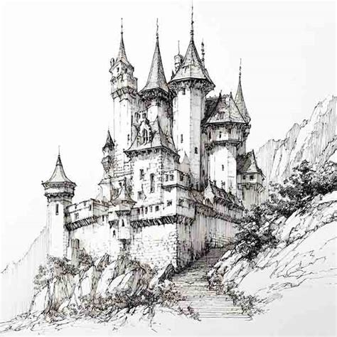 Fantasy Medieval Castle With Turrets And Fortified Walls Drawings And