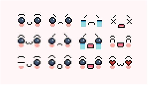 Ilustración De Conjunto De Pixel Art Facial Kawaii Lindas Emociones