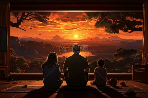 夕阳映照窗前温馨的家庭插画图片下载 正版图片600621259 摄图网