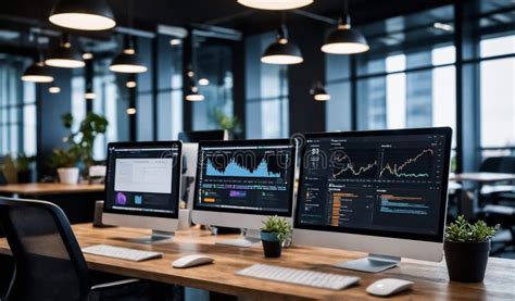 Modern Office Workspace Featuring Multiple Monitors Displaying Data
