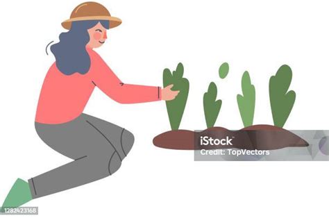 여성 농부 는 Plants에 대 한 돌보는 정원에서 일하는 여성 농업 노동자 정원사 캐릭터 에코 농업 개념 만화 스타일 벡터 일러스트 개체 그룹에 대한 스톡 벡터 아트 및