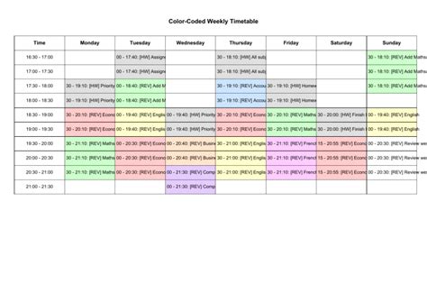 Color Coded Weekly Study Timetable For Homework And Revision