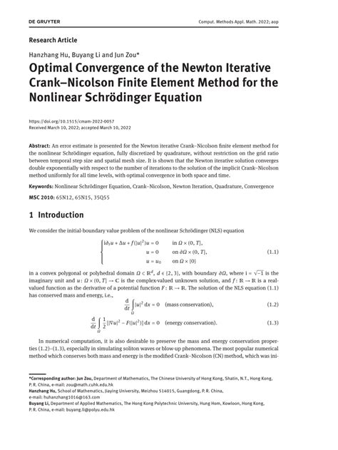 Pdf Optimal Convergence Of The Newton Iterative Crank Nicolson Finite