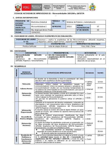 Ficha De Actividad 02 Microcontroladores I Pdf Arte