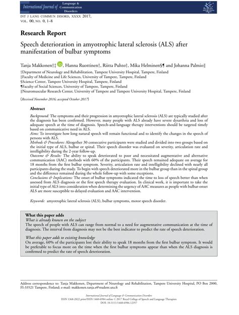 Pdf Speech Deterioration In Amyotrophic Lateral Sclerosis Als After Manifestation Of Bulbar