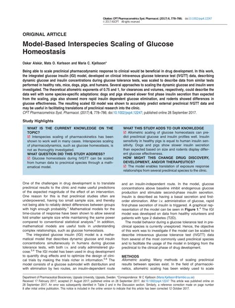 Pdf Model Based Interspecies Scaling Of Glucose Homeostasis