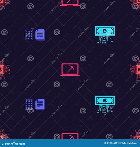 Set Cryptocurrency Bitcoin With Circuit Smart Contract Mining Laptop And Pickaxe And Cpu