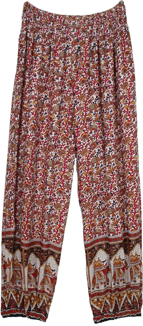 White Harem Pants With Traditional Elephant Print With Pockets