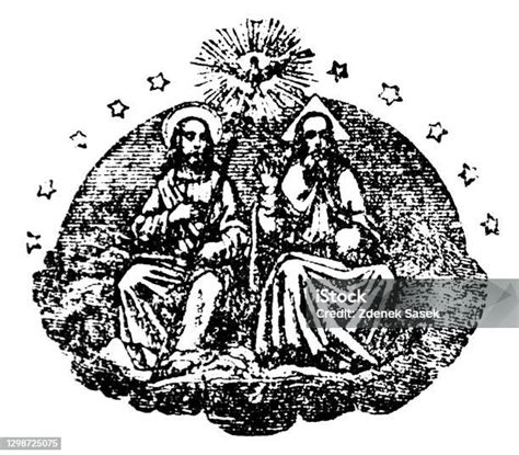 하늘에서 그리스도와 성령을 예수 하나님의 빈티지 골동품 종교 성경 그림 이나 조각 0명에 대한 스톡 벡터 아트 및 기타 이미지 0명 골동품 구름 Istock