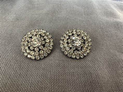 Vintage Round Rhinestone Clip On Earrings Etsy