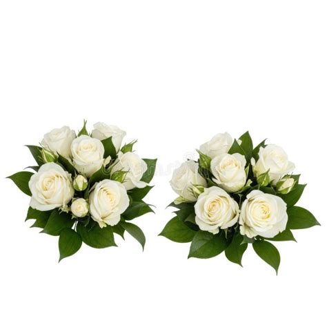 Two Elegant White Rose Bouquets With Lush Green Leaves Arranged On A