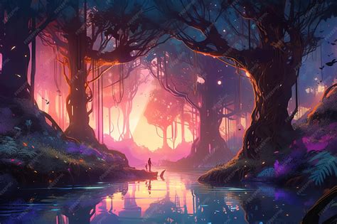 Fantasy Magique Forêt Et Lac Illustration Concept Art Photo Premium