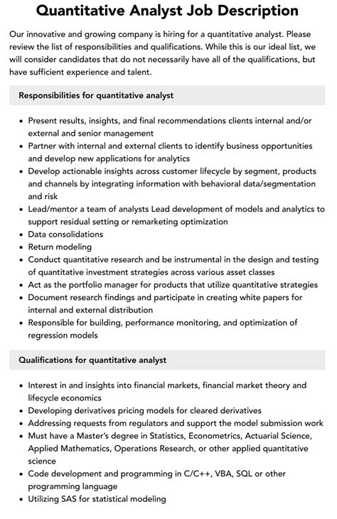 Quantitative Analyst Job Description Velvet Jobs