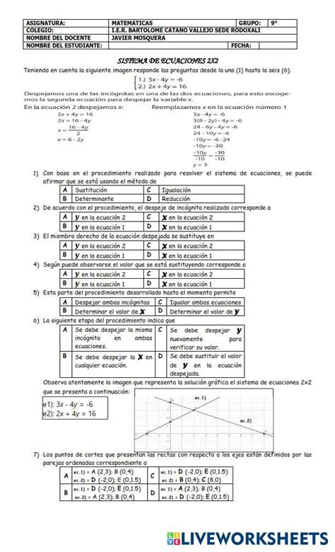 Sistemas De Ecuaciones Lineales 2x2 Parte Ii Live Worksheets