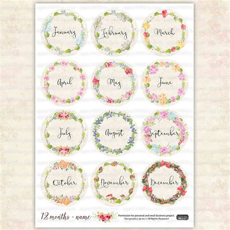 12 Months Name Calendar 25 Inch Circles Set Of 12 Digital