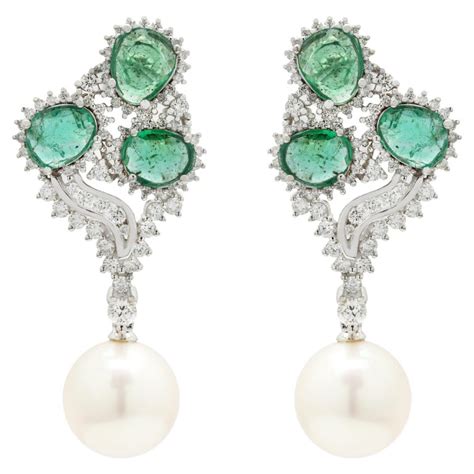 Astounding 14k White Gold 2956 Ct Emerald And Diamond Earrings With