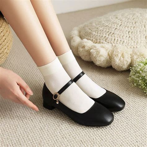 One Buckle Strap Mary Janes Low Heels Womens Pumps Cowhide Sole