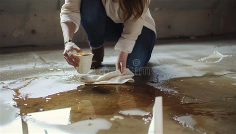 Woman Wipes Up A Puddle Of Spilled Drink On The Floor Stock Image