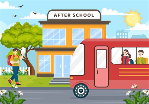 After School Vector Illustration With Students Leave School Building