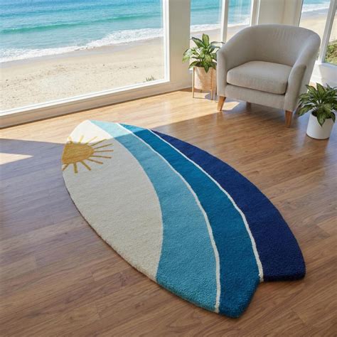 Hand Tufted Surfboard Shape Rug Coastal Sun And Wave Wool Area Rug