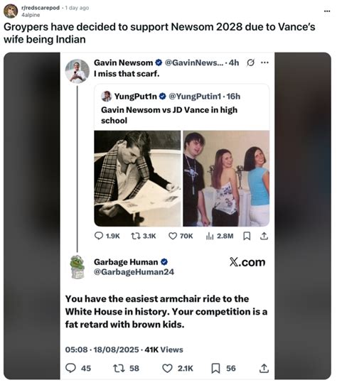 Groypers Have Decided To Support Newsom 2028 Due To Vances Wife Being