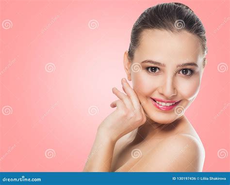Beautiful Girl Model Brunette With Delicate Make Up On A Pink