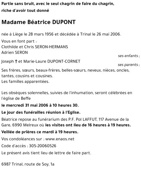 Avis De Décès De Béatrice Dupont Décédé Le 26 05 2006 à Annonce