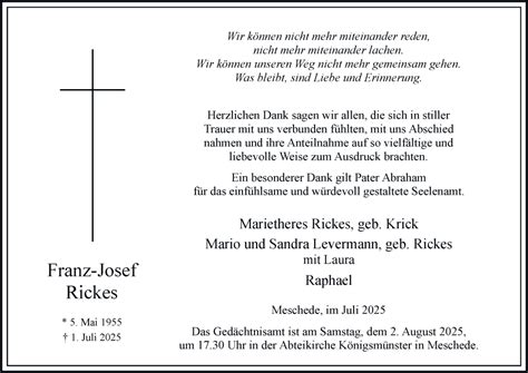 Traueranzeigen Von Franz Josef Rickes Trauer In Nrwde