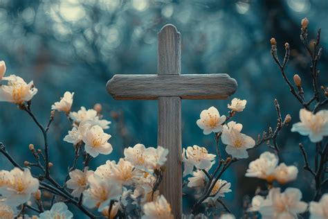 A Wooden Cross Is Surrounded By White Flowers In A Forest 55971268