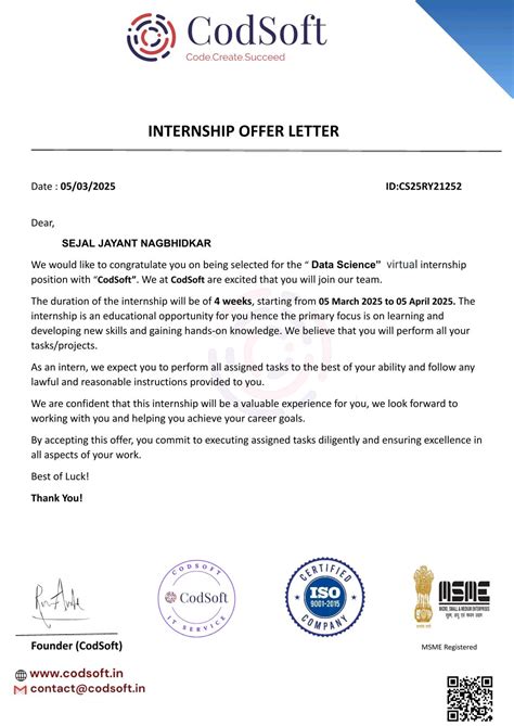 Excited To Share That I Have Received A Data Science Internship Offer From Codsoft Sejal
