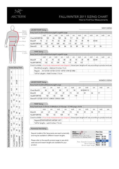 Arcteryx Fall Winter 2011 Sizing Chart Printable Pdf Download