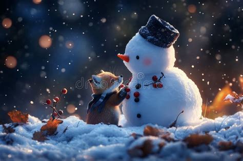 A Cute Fox Interacts With A Cheerful Snowman In A Magical Snowy